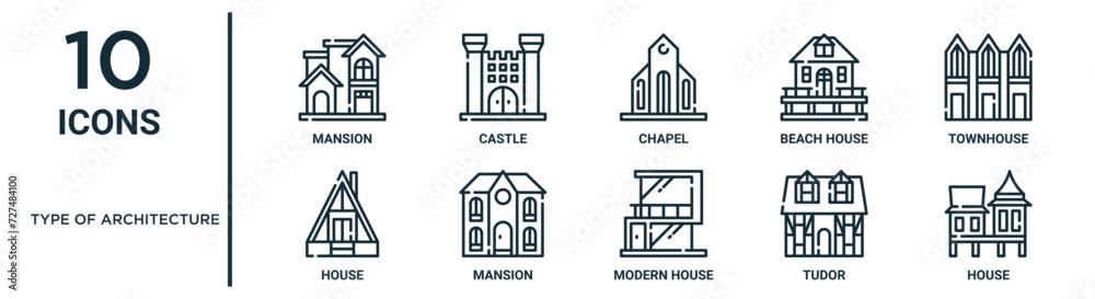 type of architecture outline icon set such as thin line mansion, chapel ...