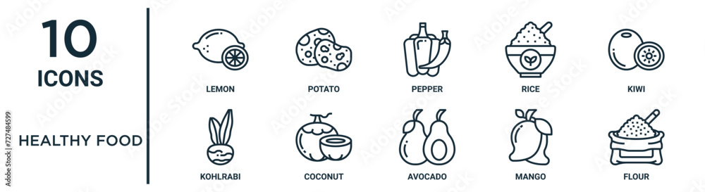 healthy food outline icon set such as thin line lemon, pepper, kiwi ...