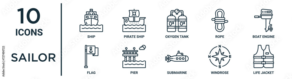 Vetor de sailor outline icon set such as thin line ship, oxygen tank ...