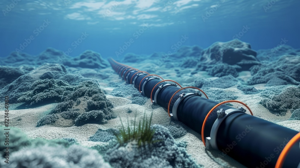 Submarine internet communication cable on the seabed in the ocean (3d ...