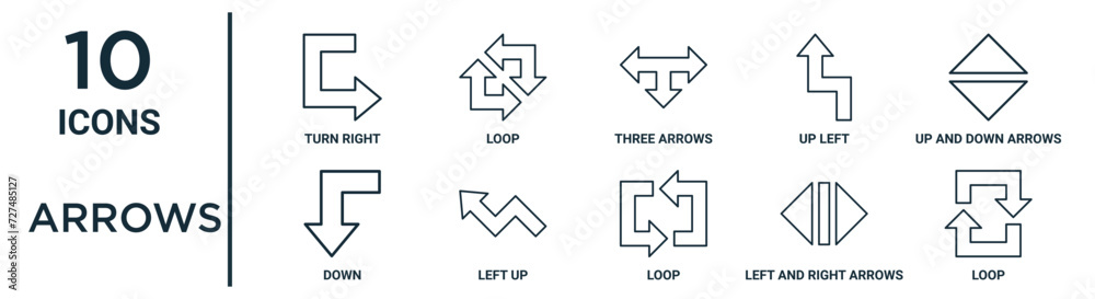 arrows outline icon set such as thin line turn right, three arrows, up and down arrows, left up ...