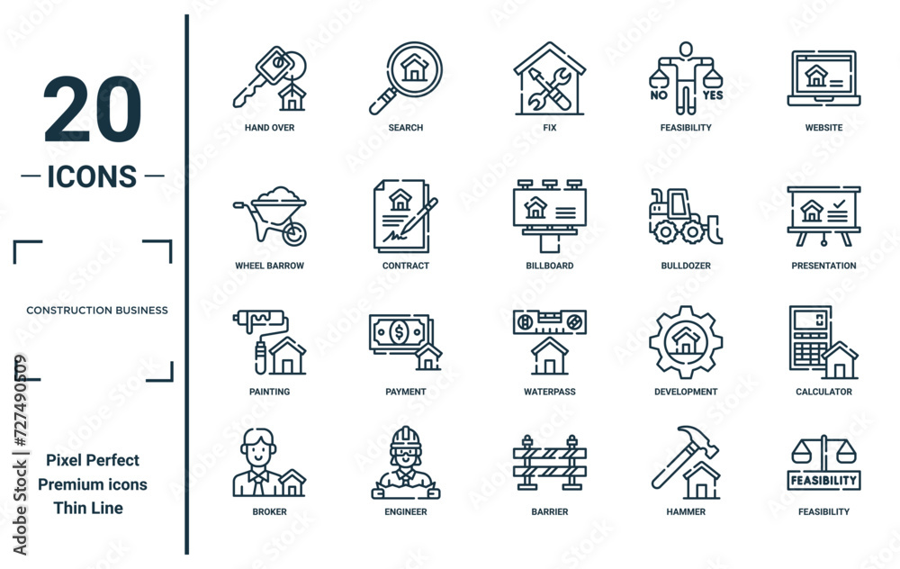 construction business linear icon set. includes thin line hand over ...