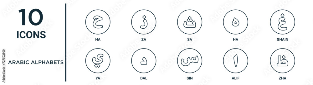 arabic alphabets outline icon set such as thin line ha, sa, ghain, dal ...