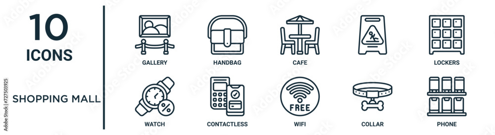 shopping mall outline icon set such as thin line gallery, cafe, lockers ...