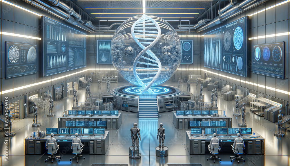 Futuristic DNA Analysis Lab with AI Assistants and Holographic Screens ...