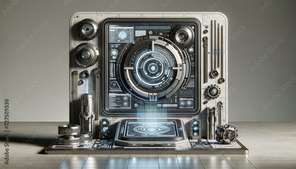 High-tech visual search engine terminal in modern workspace with ...