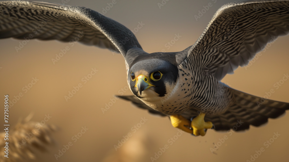 Skybound Majesty: A Peregrine Falcon Soaring Over Hay Fields Stock ...