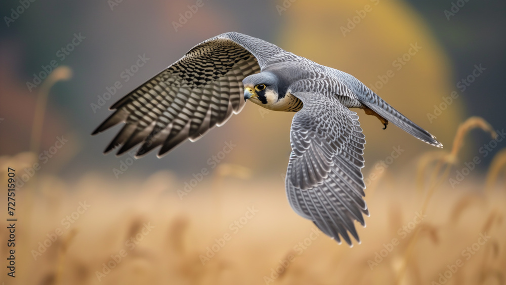 Skybound Majesty: A Peregrine Falcon Soaring Over Hay Fields Stock ...