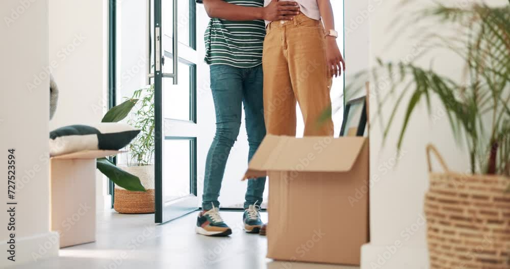 Real estate, moving and happy couple with dog walking into dream home ...