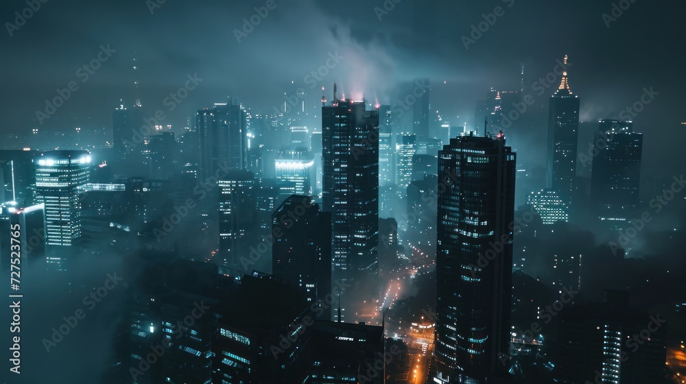 Cold winter with heavy snow of a futuristic city with modern skyscraper ...