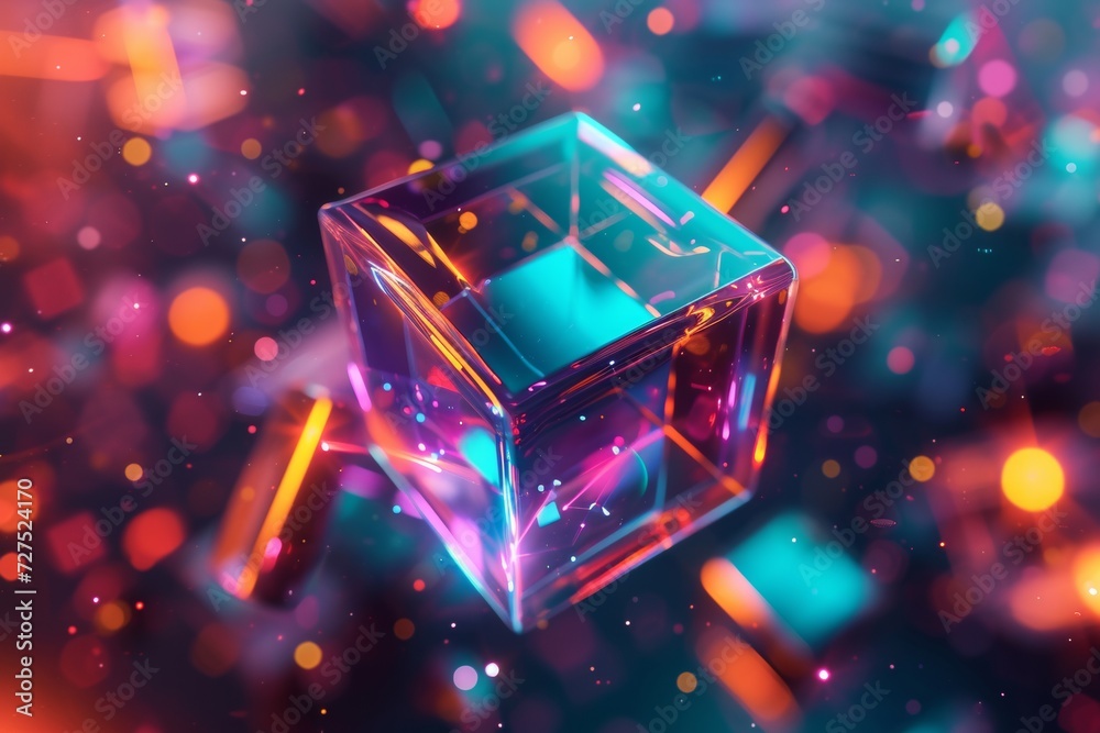A luminous, translucent cube floats in a vibrant kaleidoscope of neon ...