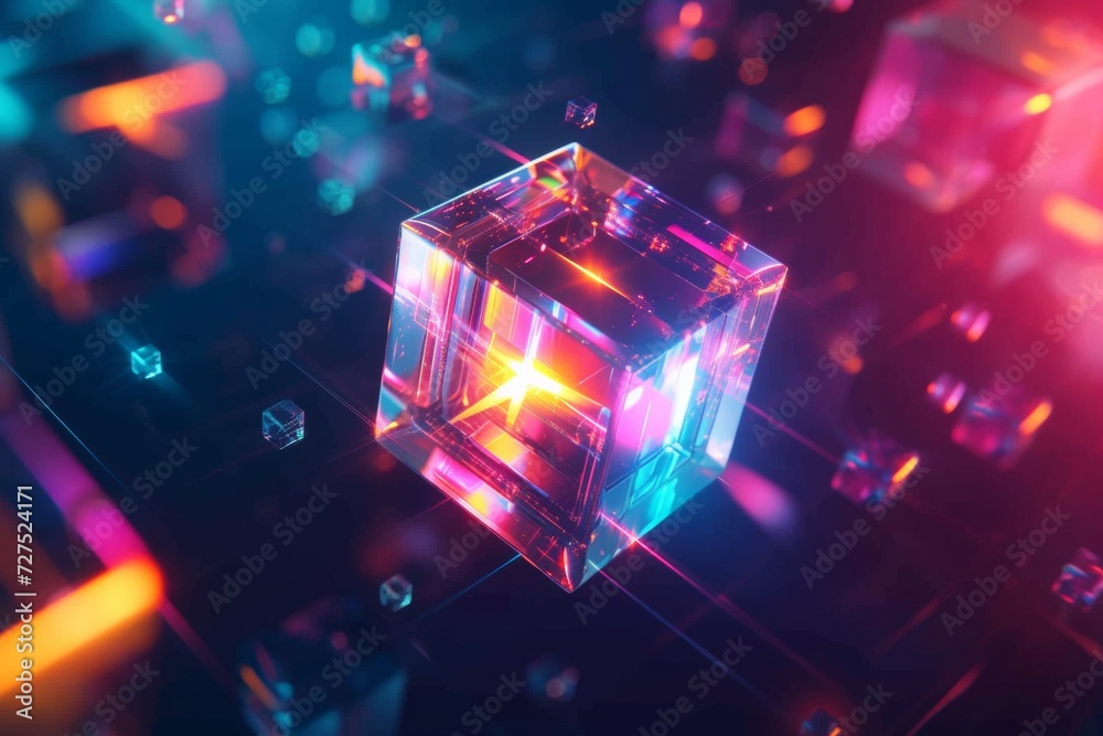 In a neon-drenched realm, a crystal cube pulses with the heart of a ...