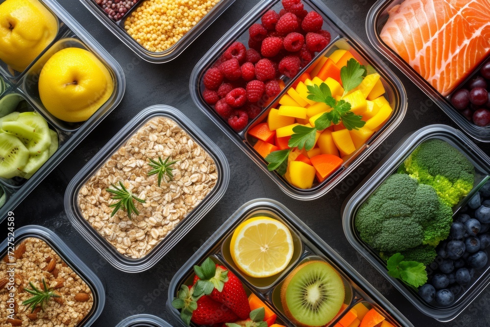 Colorful meal prep containers boast a nutritious rainbow from fresh ...