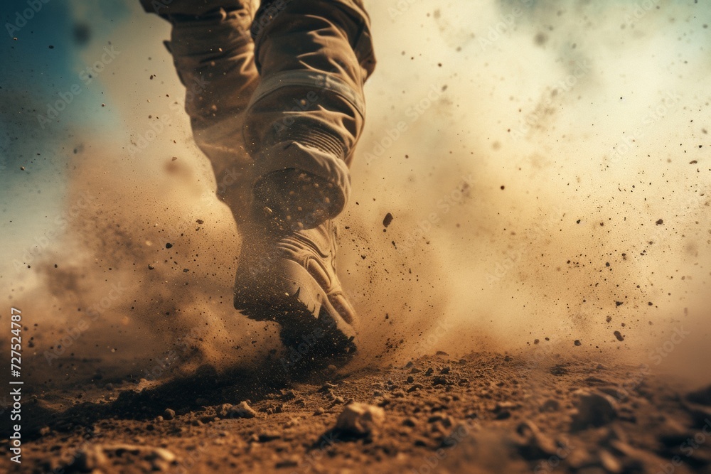 A determined stride kicks up a cloud of dust, as boots pound the arid ...
