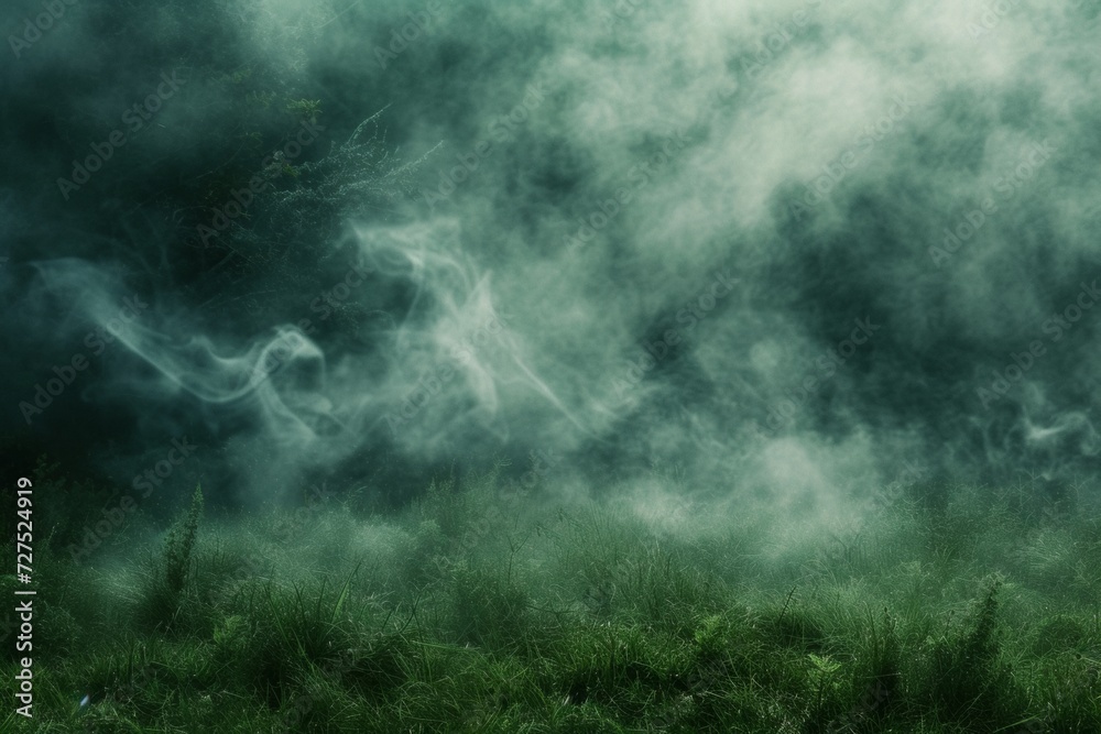 Early morning mist swirls above the dewy grass, creating a mysterious ...