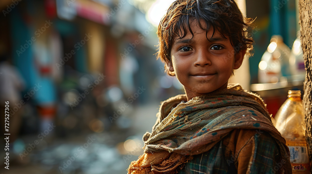 A poor Indian boy collects plastic bottle waste in sacks for a living ...