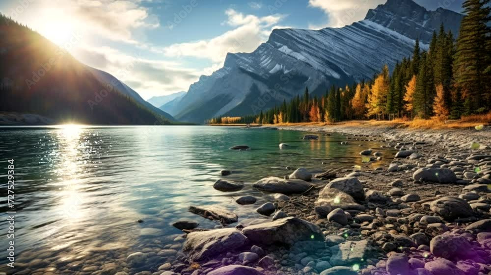 Lake scene with mountain background, 4k animated virtual repeating ...