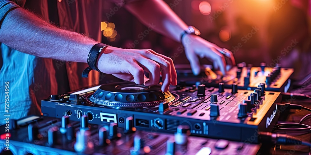 DJ playing the turntables to perform music on stage during a concert ...