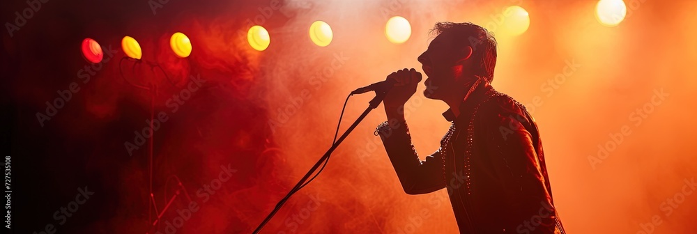Rock star singing into microphone on stage during concert with lighting ...