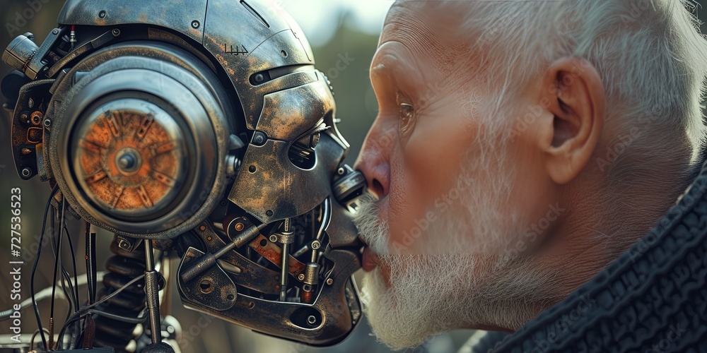 Woman kissing a robot. AI girlfriend concept for the love of artificial ...