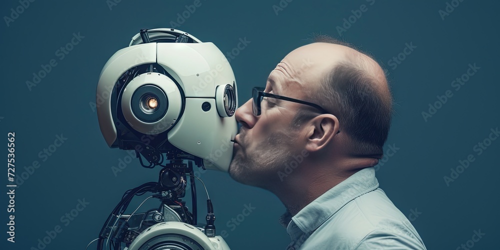 Woman kissing a robot. AI girlfriend concept for the love of artificial ...
