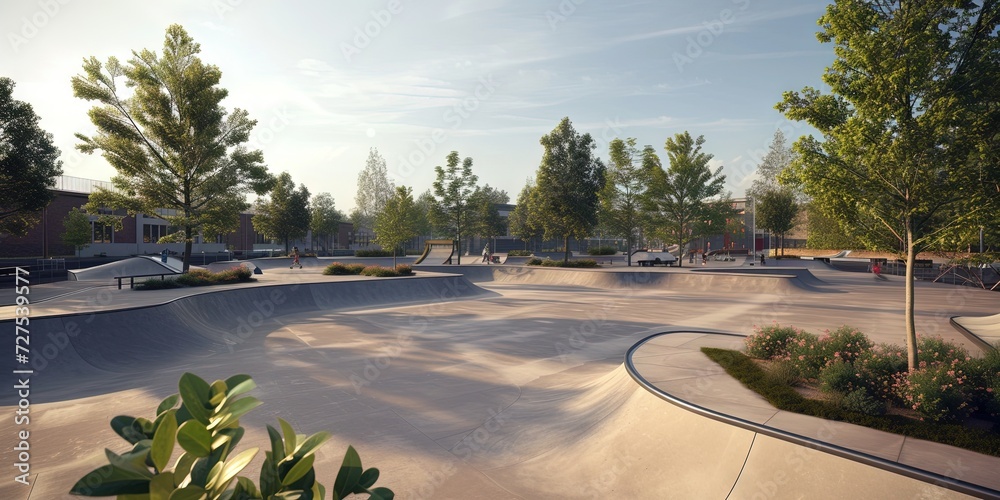 Skate park concept with plenty of rails, ramps, and obstacles to ...