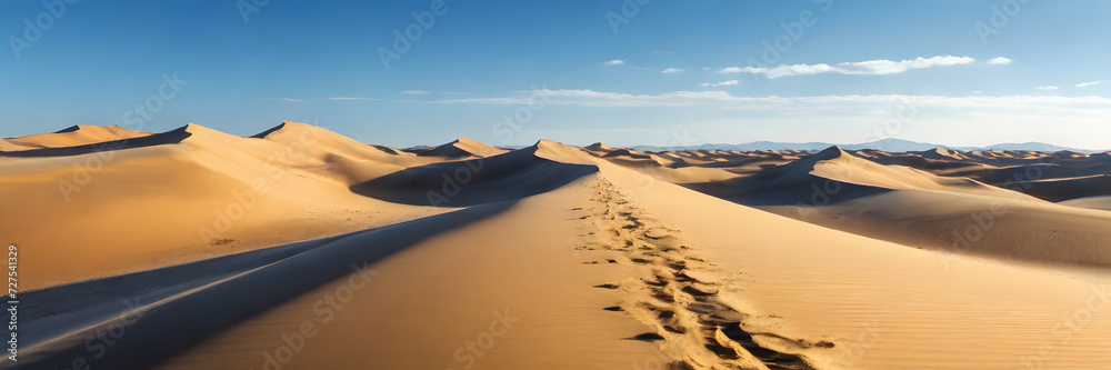 Vast desert scenery, golden sand dunes against a blue sky. 3:1 ...