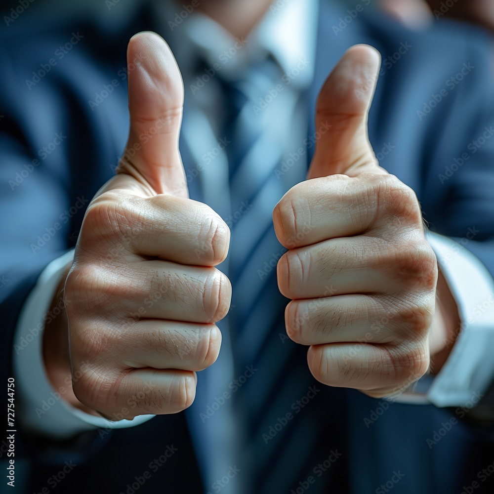 Hands showing thumbs up with business men endorsing, giving approval or saying thank you as a ...