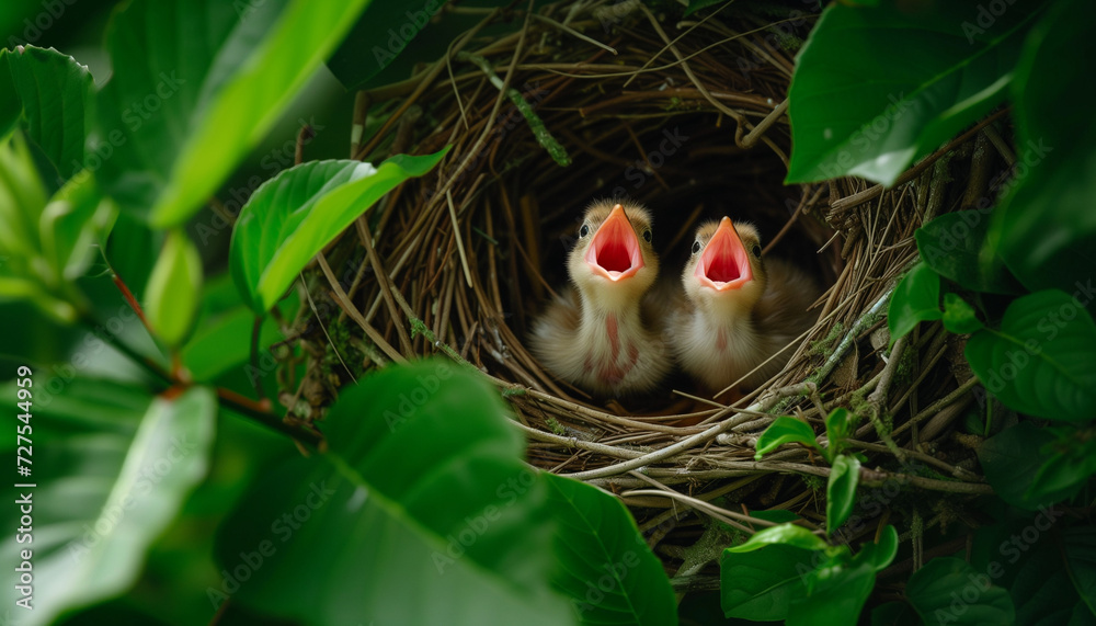 Two small bird chicks with their beaks wide open are nestled within the ...