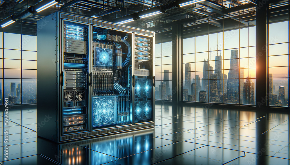 Sleek AI server rack system in high-tech lab with panoramic cityscape ...