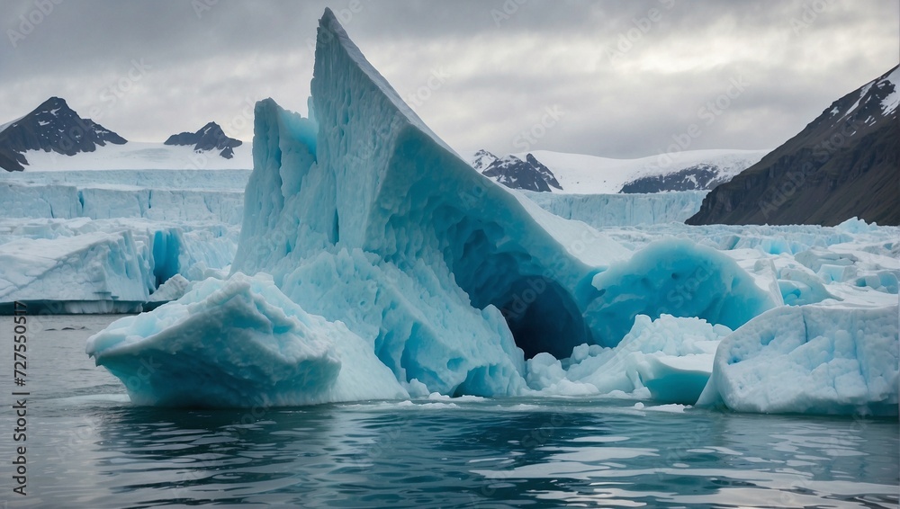 A glacier calving, with a massive ice block falling into the sea, creating a huge splash ...