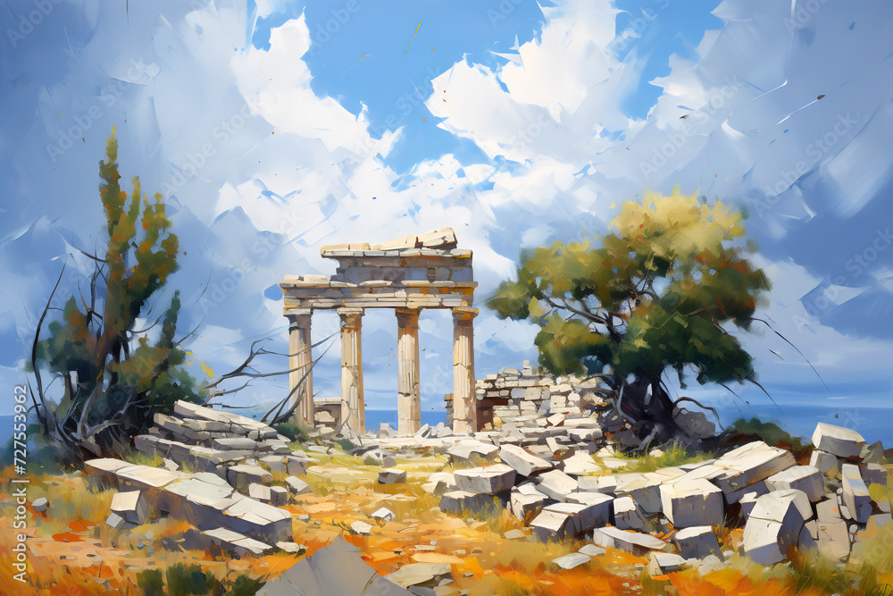 Landscape with the ruins of an ancient temple. Oil painting in ...