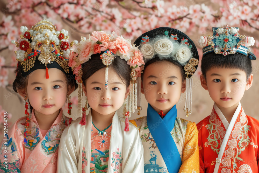 portrait of Chinese kids in traditional costume, cherry blossom ...