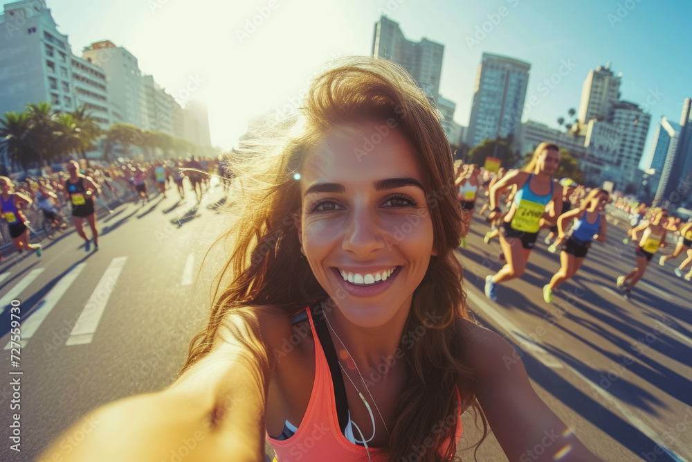 Young woman marathon runner is taking a selfie picture while running a ...