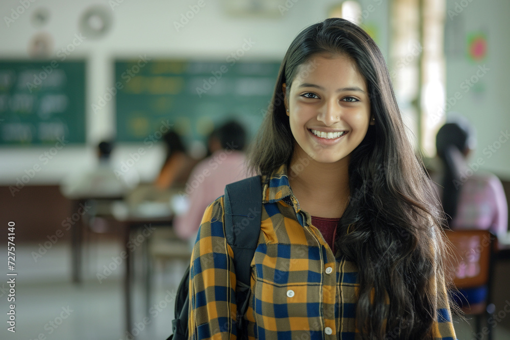 female indian student at the school on the bokeh style background Stock ...