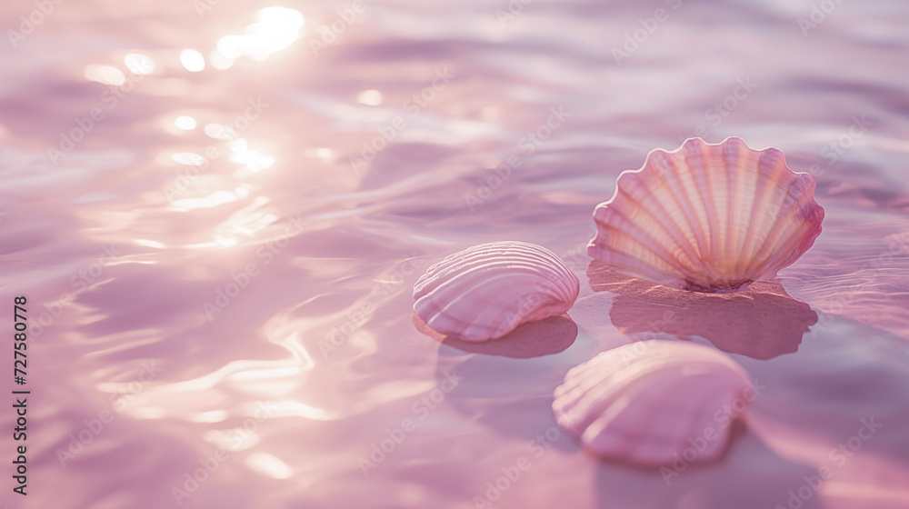 pink shells floating in a pool of water, in the style y2k aesthetic ...