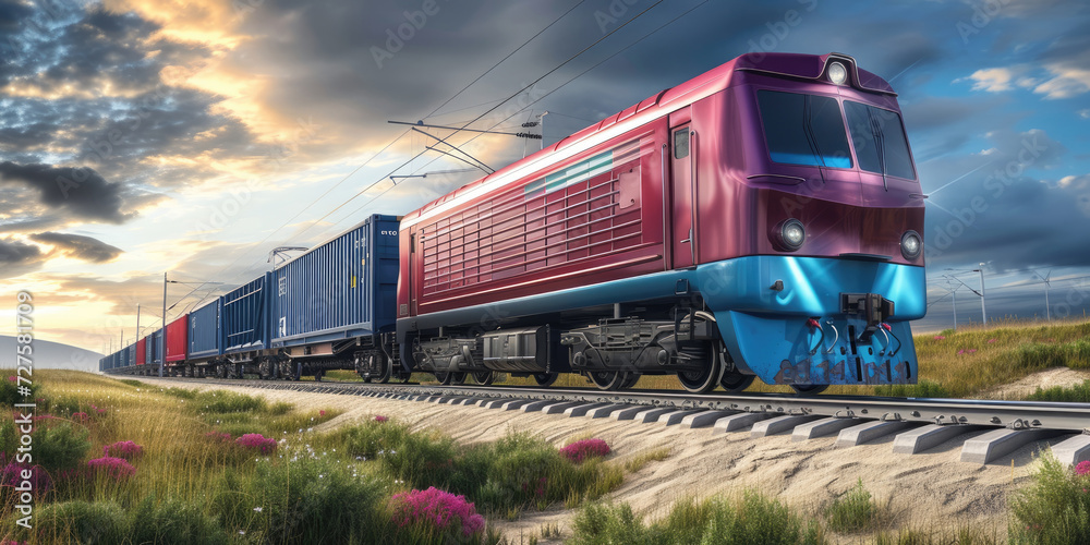 freight train rolling on the train tracks with cargo containers. An ...