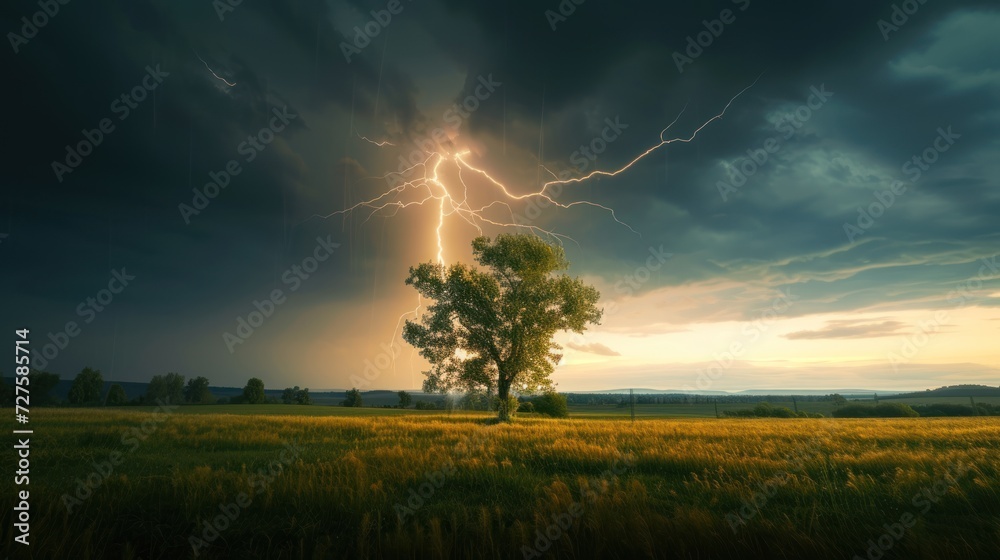 Lightning strikes a tree in the middle of the meadow in the rainy ...