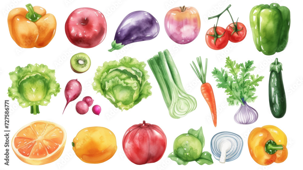 Watercolor painted hand-drawn collection vegetables and fruits. design ...