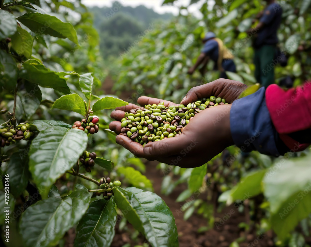 Hands hold green coffee beans. Harvesting coffee beans Field Plantation ...