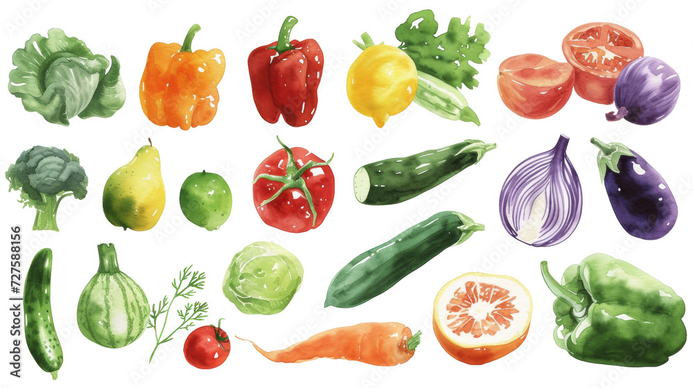 Watercolor painted hand-drawn collection vegetables and fruits. design ...