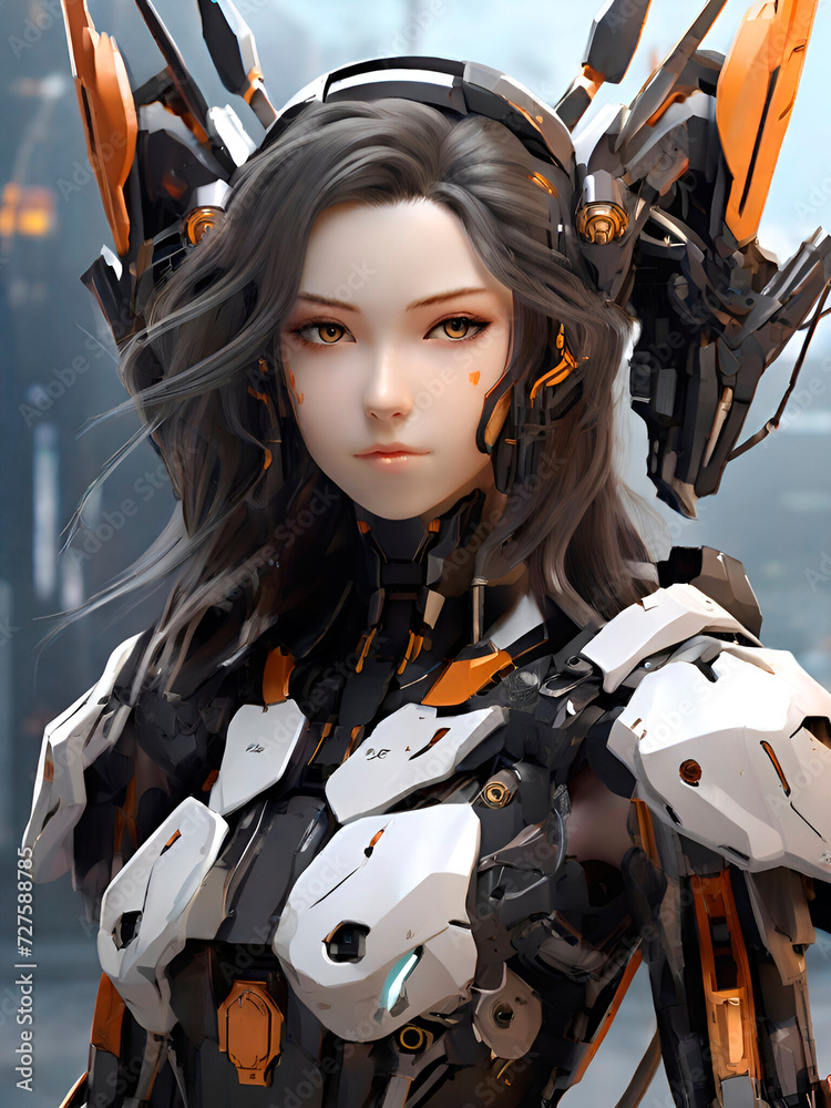 Generate an image of a 20-year-old anime lady in a "mecha" style ...