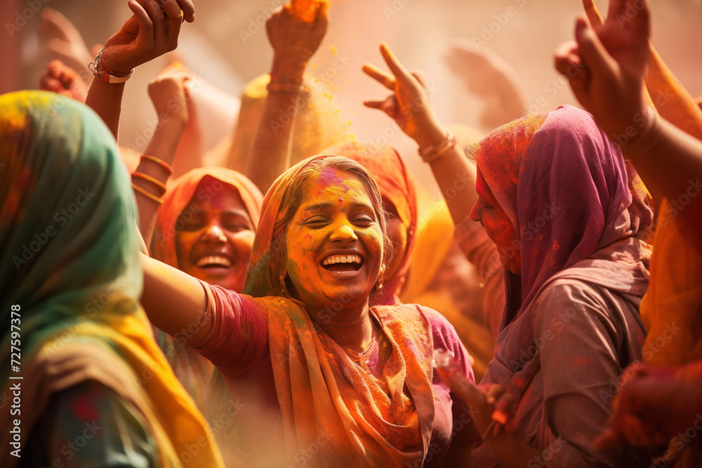 happy hindu indian people celebrate holi festival by throwing colorful ...