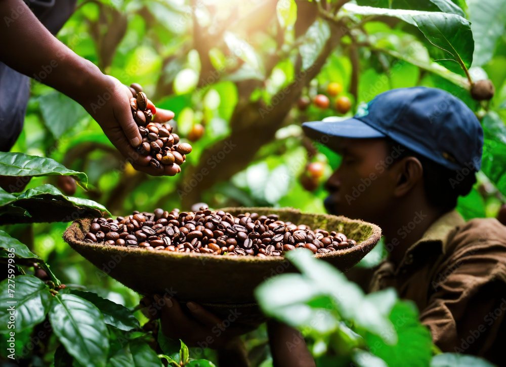 Hands hold brown roasted coffee beans. Harvesting coffee beans Field Plantation hand picking in ...