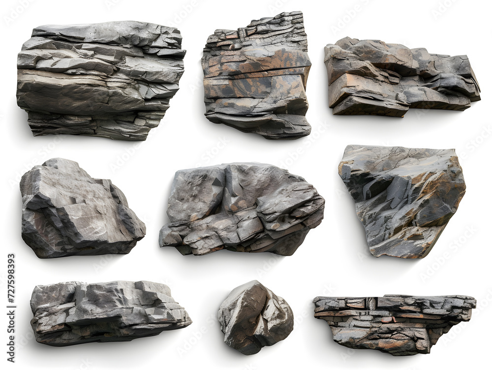 Collection of big stones isolated on white background. Rough stone ...