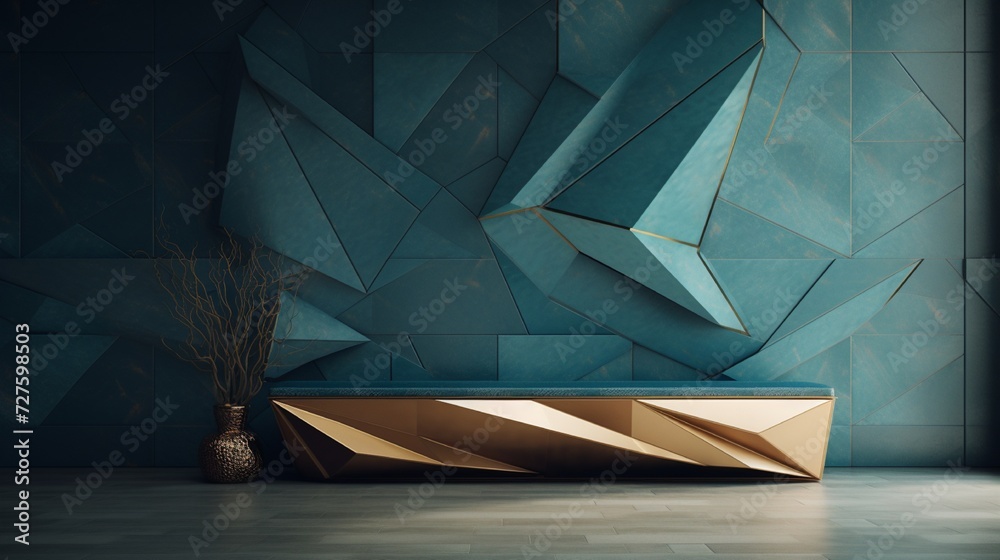 At the center of the frame lies an asymmetrical podium in a sandy hue ...