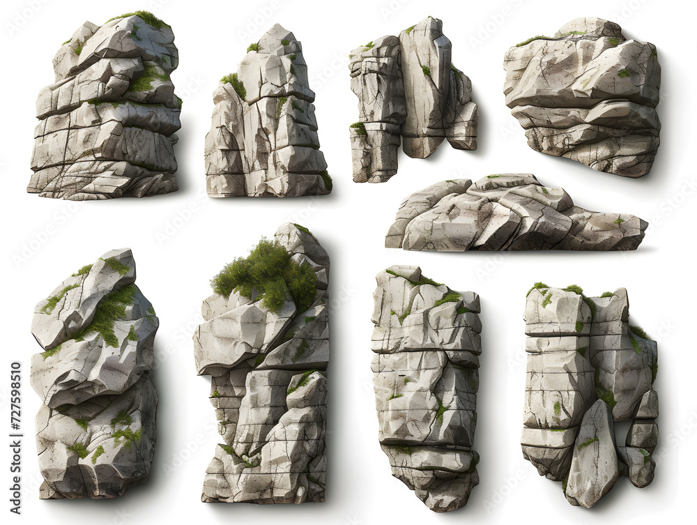 Collection of big stones isolated on white background. Rough stone ...