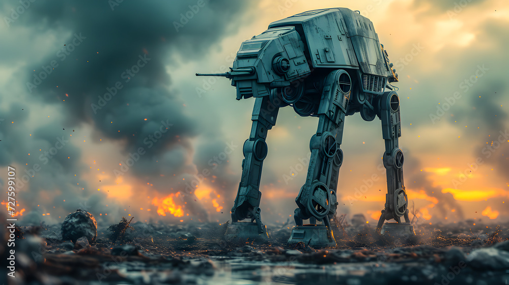 A science fiction battle scene with a large combat walker amidst flames ...