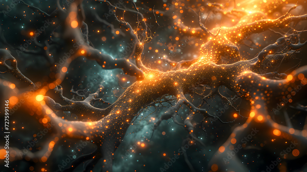 Abstract visualization of neural network activity with synapse connections lighting up in an ...