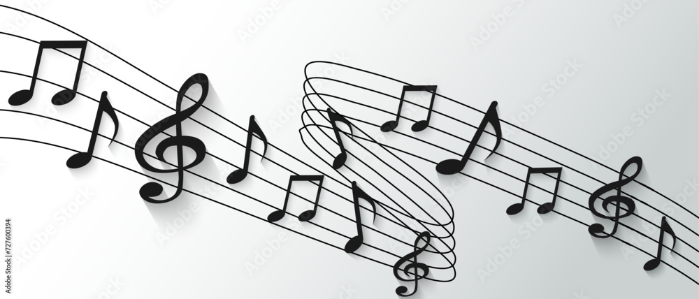 Music notes melody background. Black notes symbols on white background ...